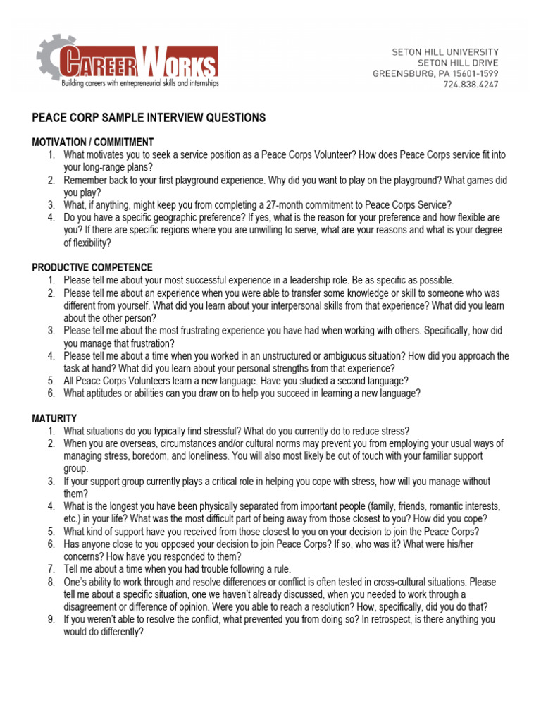 Peace Corp Sample Interview Questions | PDF | Peace Corps | Experience