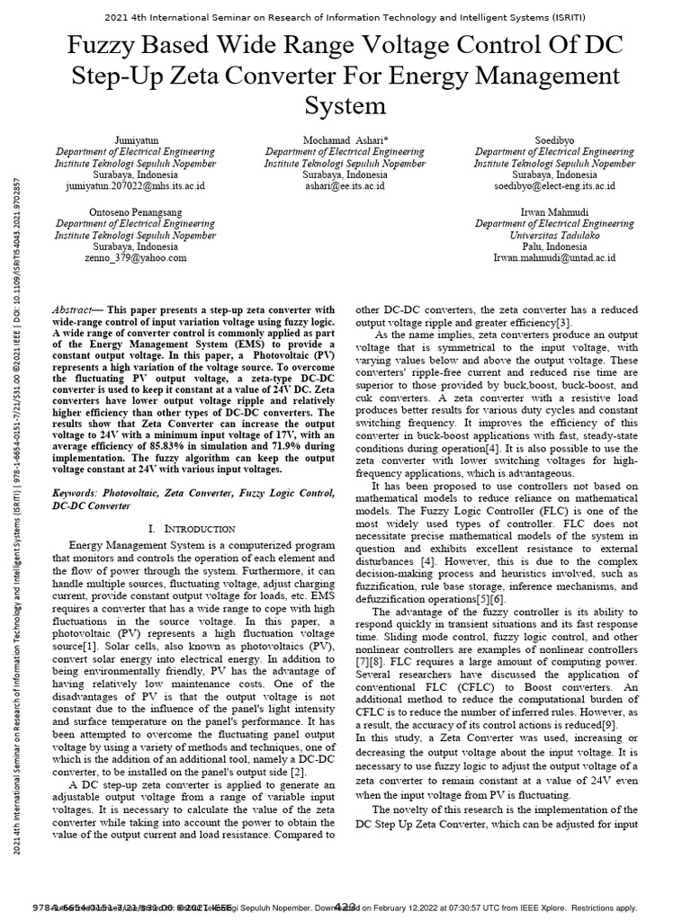 Fuzzy Based Wide Range Voltage Control of DC Step-Up Zeta Converter For ...