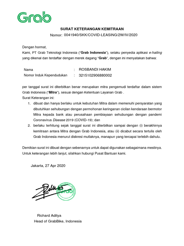 Surat Keterangan Kemitraan Grab | PDF