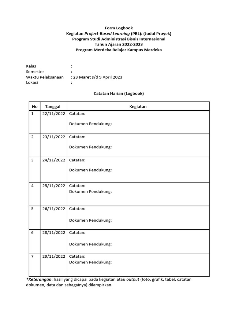 Form MBKM-04_Catatan Harian (Logbook) Kegiatan PBL_Kelas ABI 2... | PDF