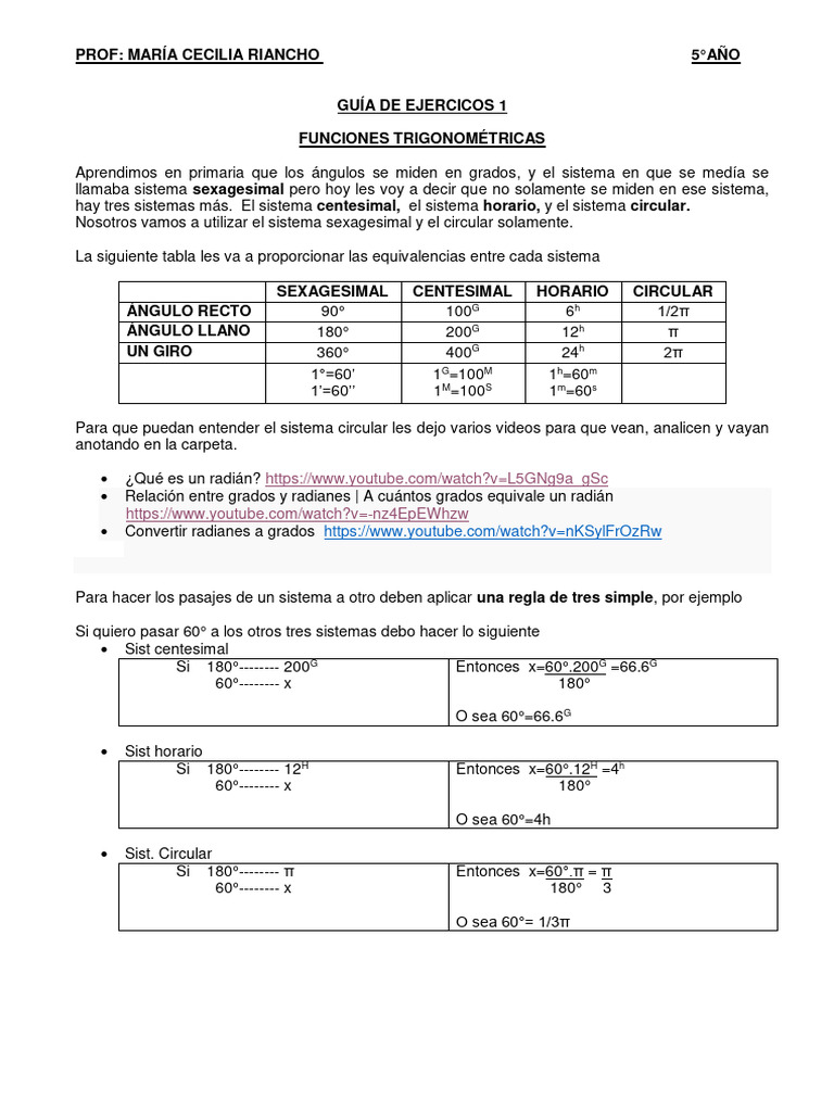 Guã A de Ej Nâ°1 Func Trigon | PDF | Ángulo | Medida Geométrica