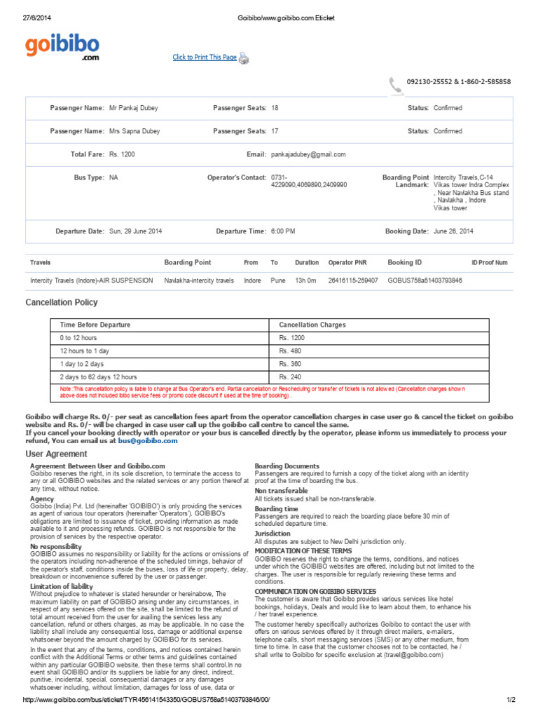 Goibibo Bus Ticket | PDF | Legal Liability | Damages