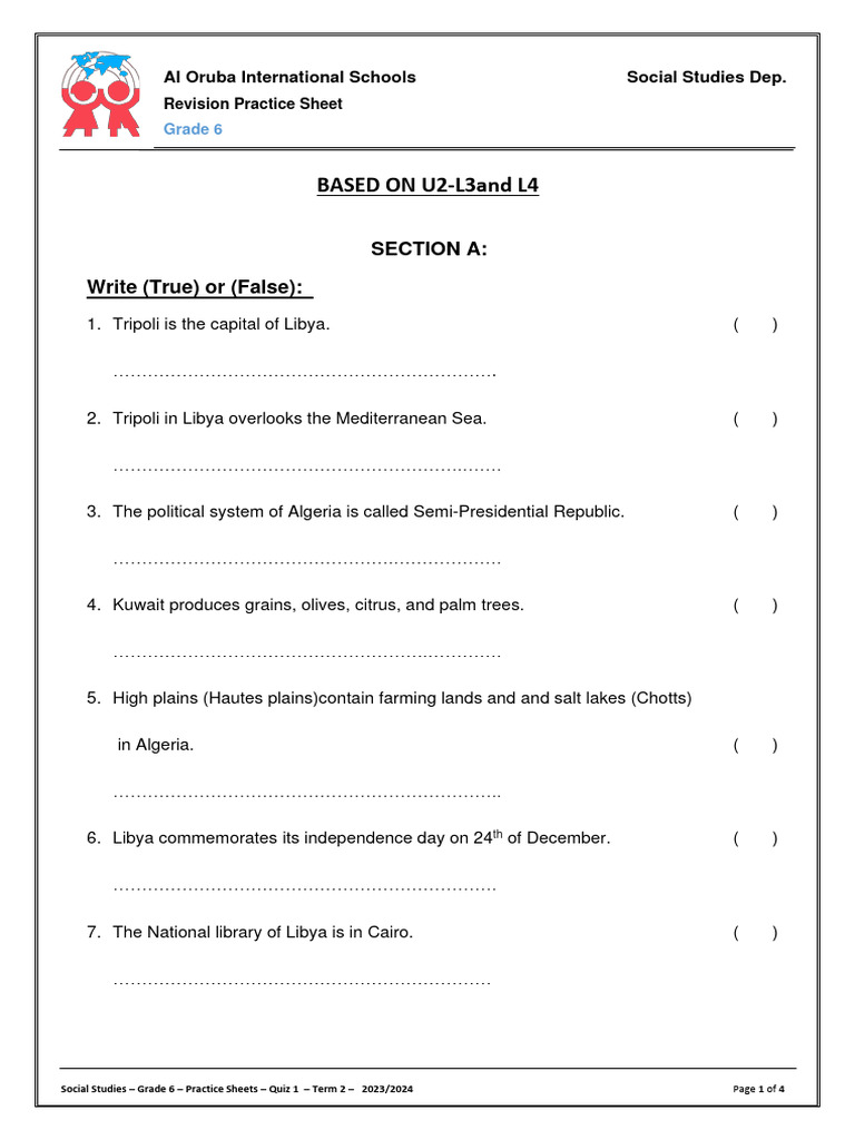 G6 Revision Quiz 1 - Term 2 | PDF | Libya | Algeria