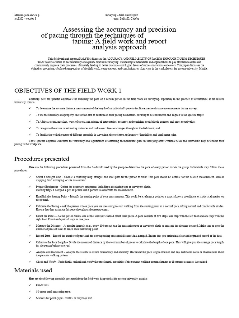 Surveying Fieldwork Contents | PDF | Surveying | Accuracy And Precision