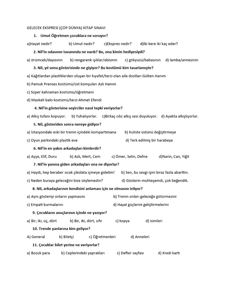 Turkce Dersi Gelecek Ekspresi Cop Dunya Kitap Sinav Sorulari Ve Cevaplari | PDF