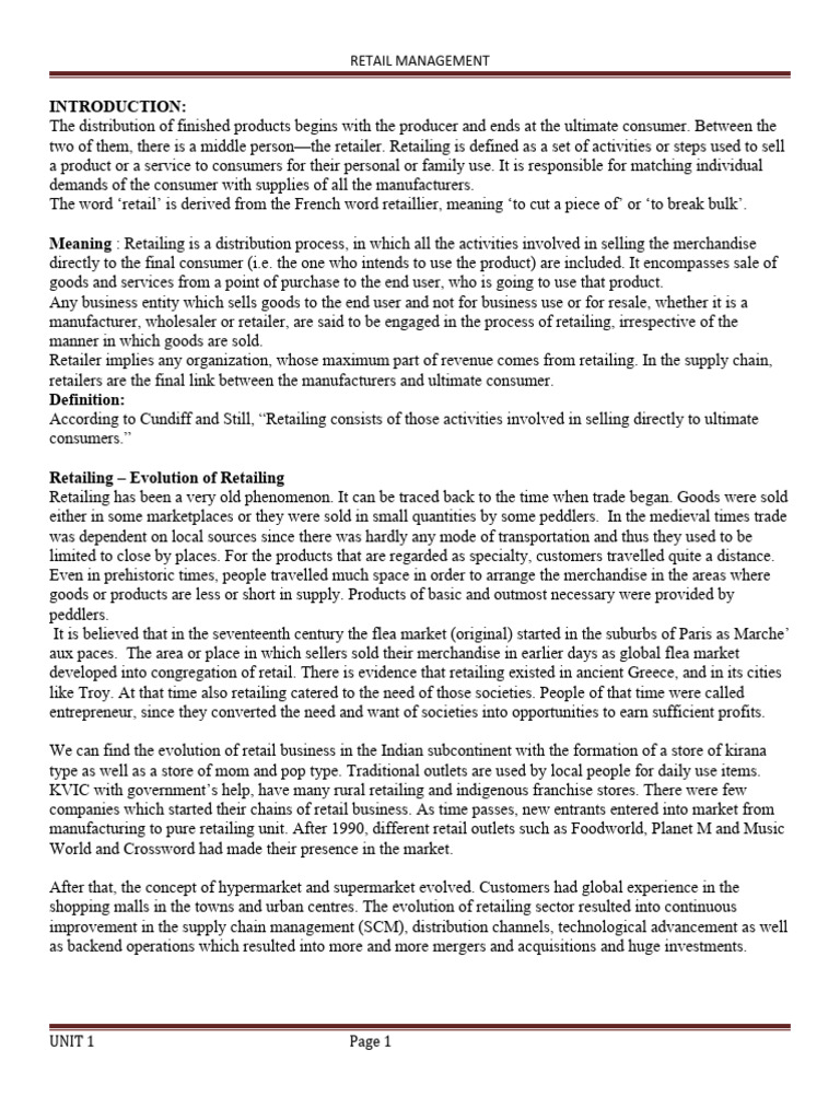 RM Unit 1 | PDF | Retail | Franchising