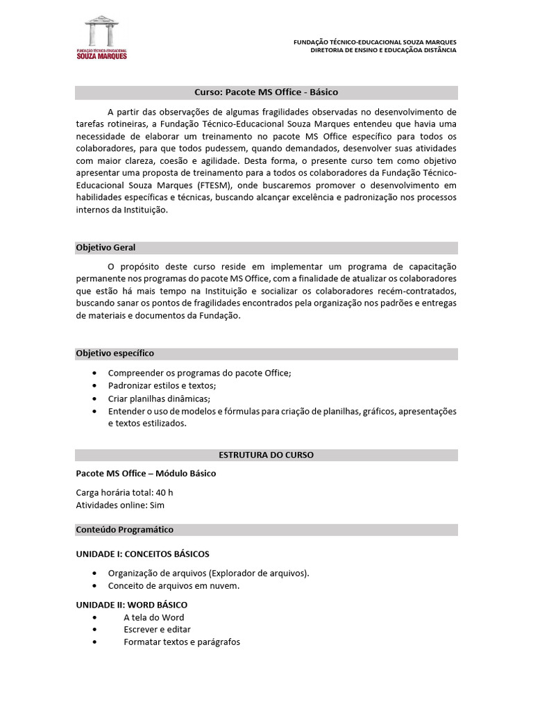 Curso MS Office - Estrutura Do Curso | PDF | Aprendizado | Pedagogia Curso MS Office - Estrutura Do Curso | PDF | Aprendizado | Pedagogia