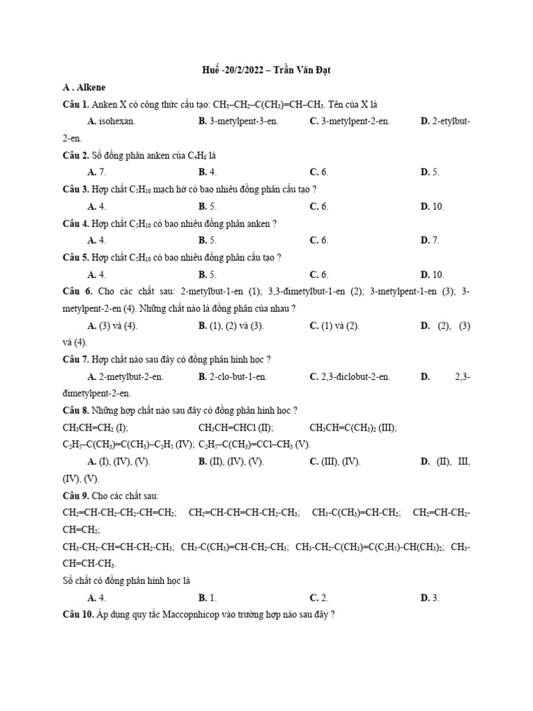 ôn tập alkene -alkadien | PDF