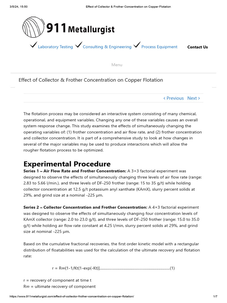 Effect of Collector & Frother Concentration On Copper Flotation | PDF ...