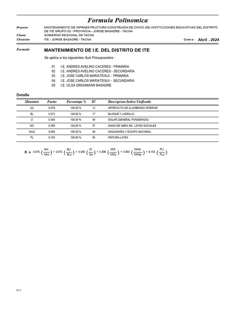 06.01 Formula Polinomica Mantenimiento de Ie Del Distrito de Ite | PDF