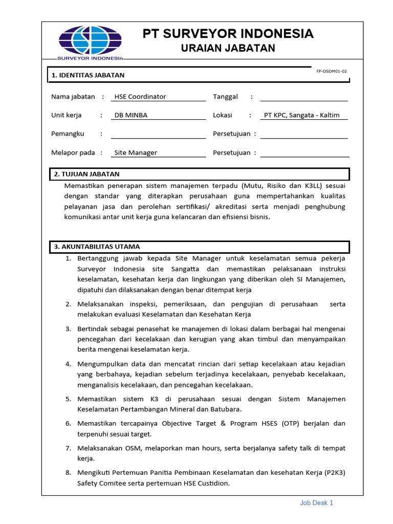 JOBDESK-MINBA-SGT 02 Koordinator HSE Rev.1 | PDF | Karier ...