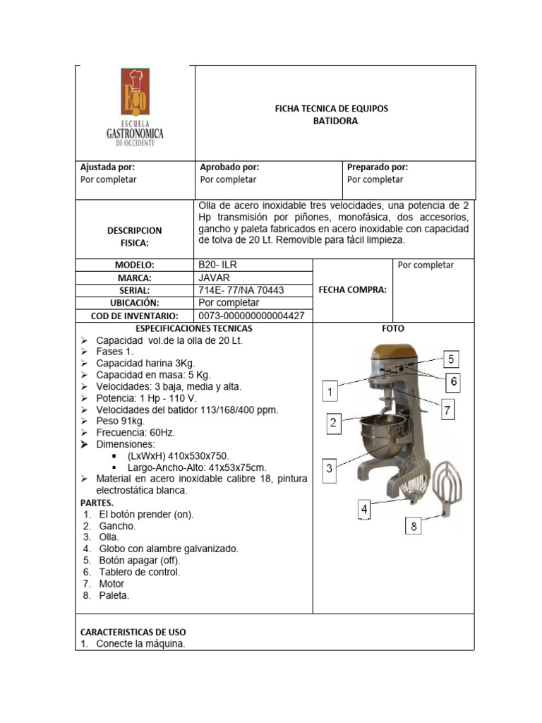 Ficha Técnica Batidora 20 Litros | PDF | Agua