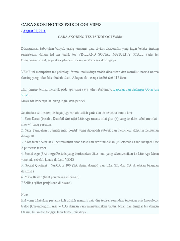 Cara Skoring Tes Psikologi VSMS | PDF