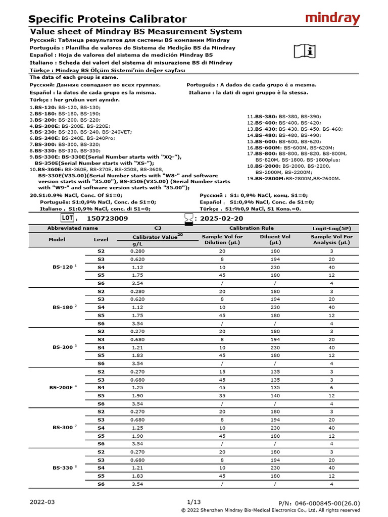 Mindray Specific Protein Calibrator Data | PDF