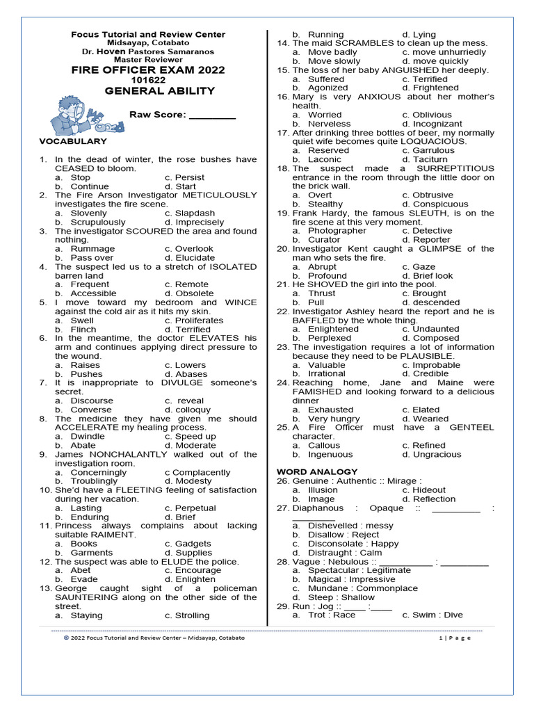 Fire Officer Exam 2022 Vocabulary and General Ability Review | PDF ...