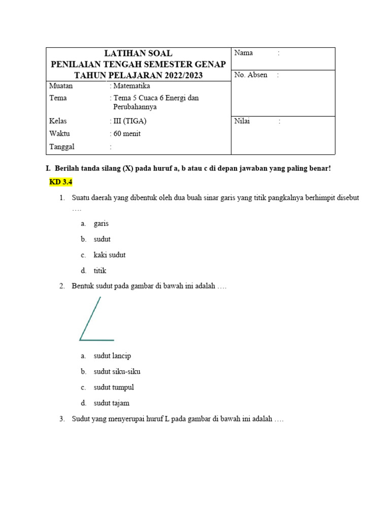 Soal Pts 2 MTK Kelas 3 k13 | PDF