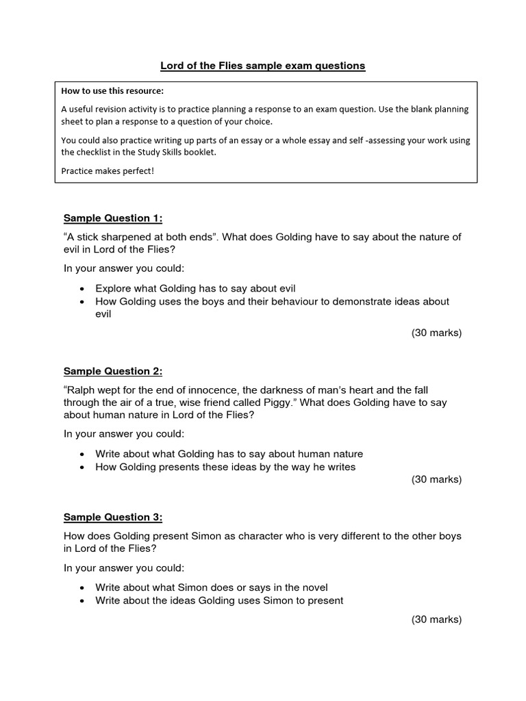 Lord of The Flies Sample Exam Questions | PDF