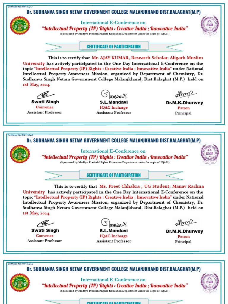 IPR Rights Conference Participation Certificates | PDF | Intellectual ...