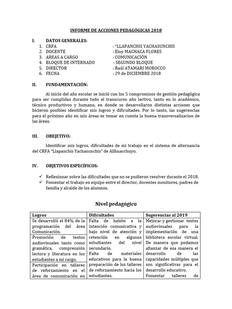 Informe Pedagogico 2018 Eloy | PDF | Crecimiento personal y profesional ...