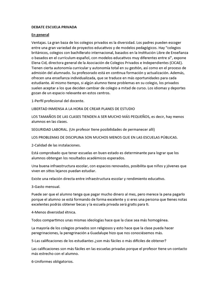 Debate Escuela Privada (1) | PDF | Escuelas | Plan de estudios