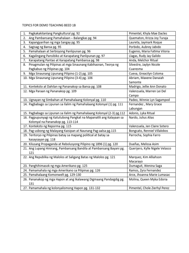Topics For Demo Teaching Beed 1b | PDF