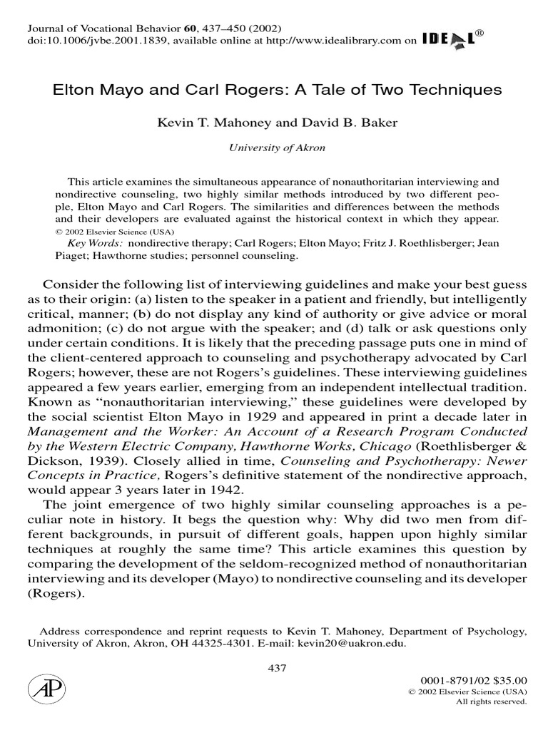 Mahoney, K. T., & Baker, D. B. (2002). Elton Mayo and Carl Rogers; A ...