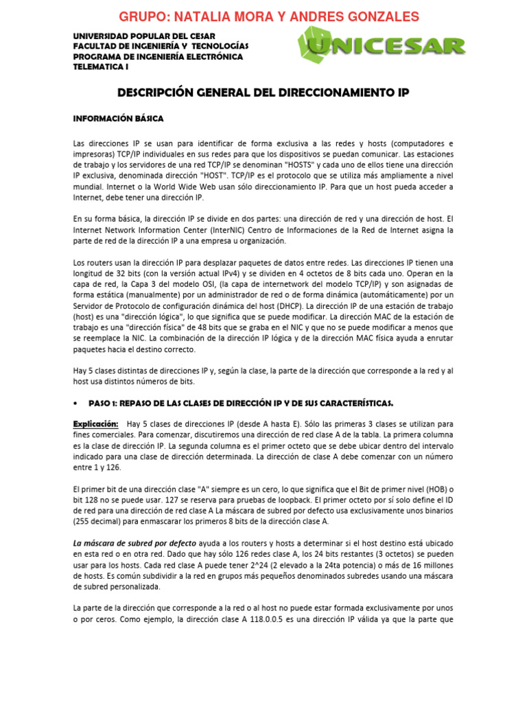Taller Direccionamiento | PDF | Dirección IP | Red de computadoras