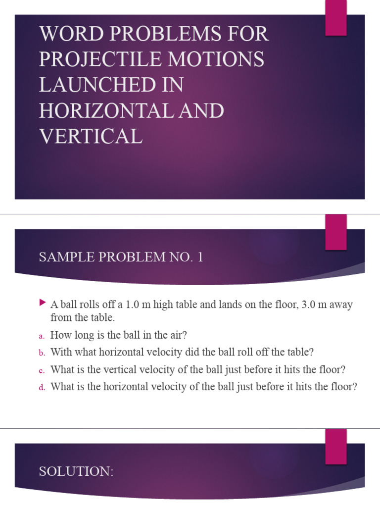 Word Problems for Projectile Motions Launched in Horizontal | PDF