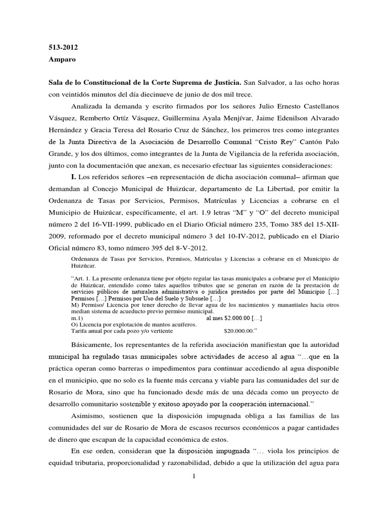 513-2012 Admisión Con Suspension Derecho Al Agua Comunidad Rosario de Mora | PDF | Mandato | Ley ...