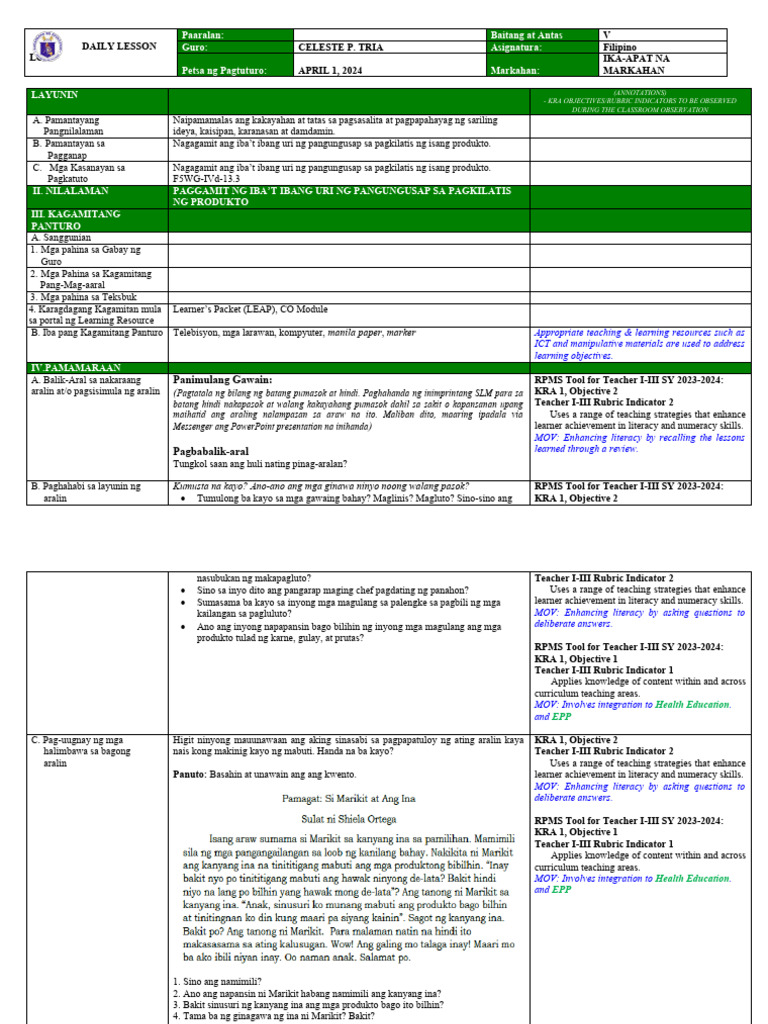 Cot 4th Quarter Fil Uri Ng Pangungusapdocx Pdf