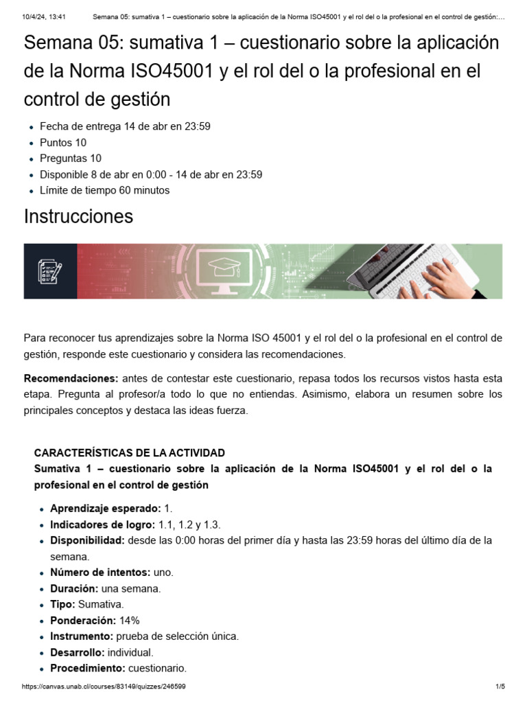 Semana 05: Sumativa 1 - Cuestionario Sobre La Aplicación de La Norma ISO45001 y El Rol Del o La ...