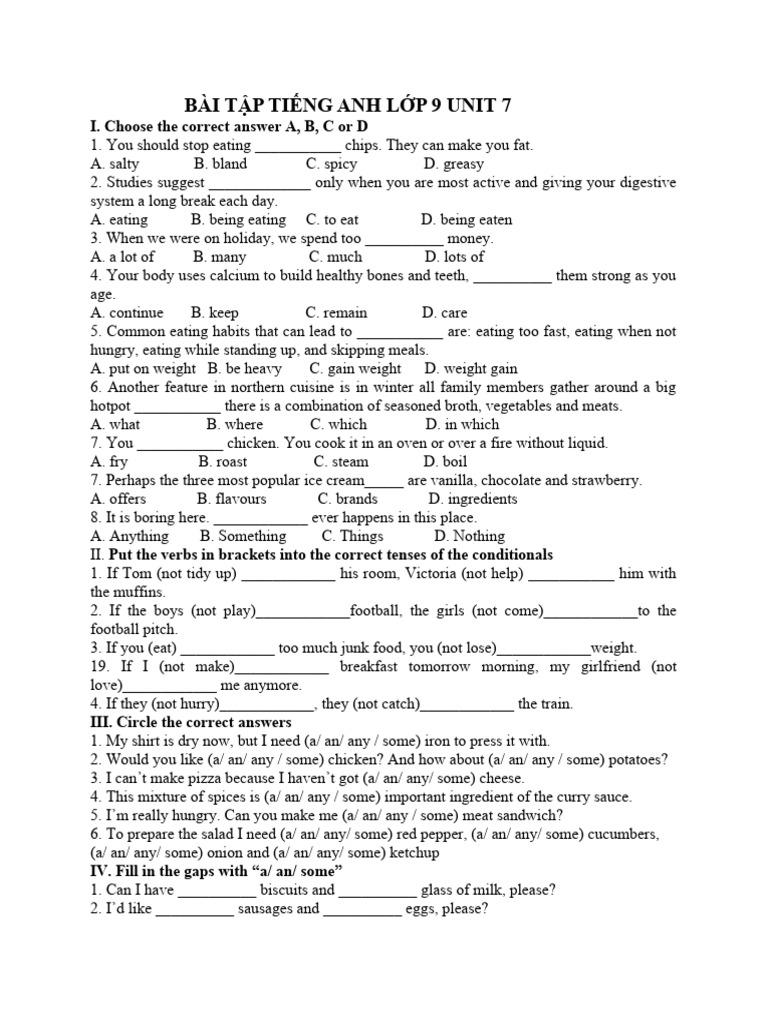 BÀI TẬP TIẾNG ANH LỚP 9 UNIT 7 | Download Free PDF | Salad | Western Cuisine