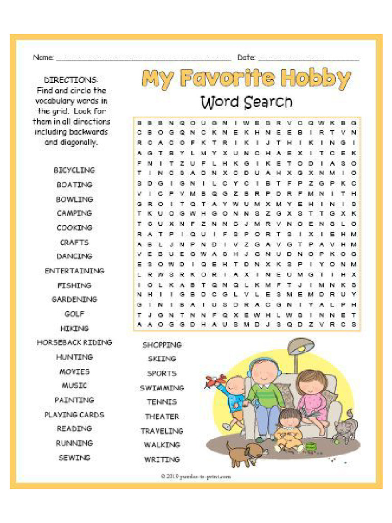Free Printable My Favorite Hobby Word Search | PDF