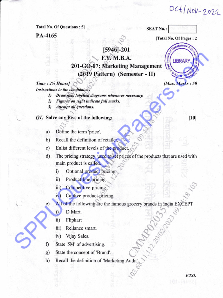 Postgraduate-Pg Mba Semester-2 2022 November Marketing-Management-Pattern-2019 | PDF | Marketing ...