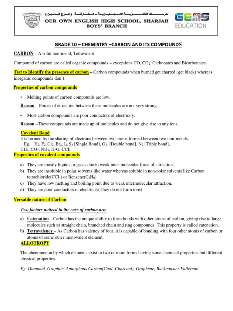 Grade 10 Chemistry: Carbon Compounds Overview | PDF | Ethanol | Ester