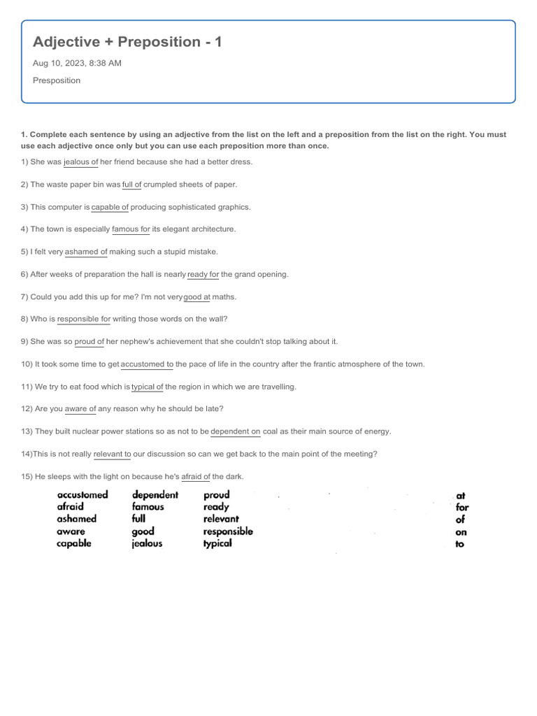 Adjective + Preposition - 1 Presposition | PDF