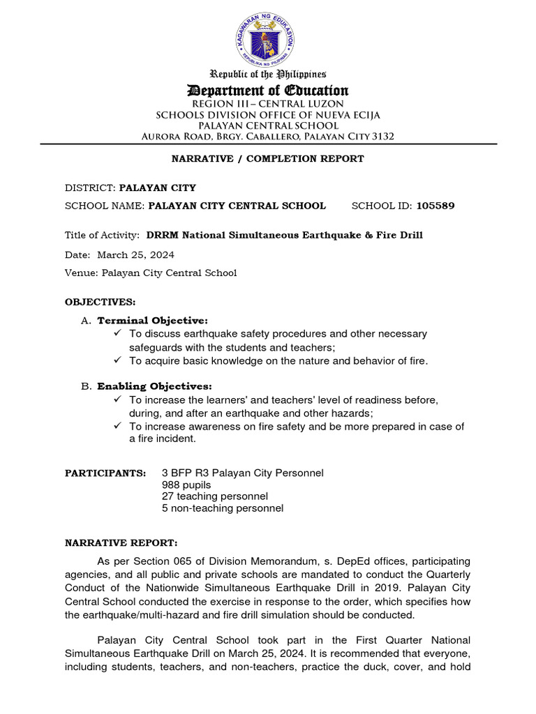 DRRM Nsed Report Pccs | Download Free PDF | Teachers | Emergency Management