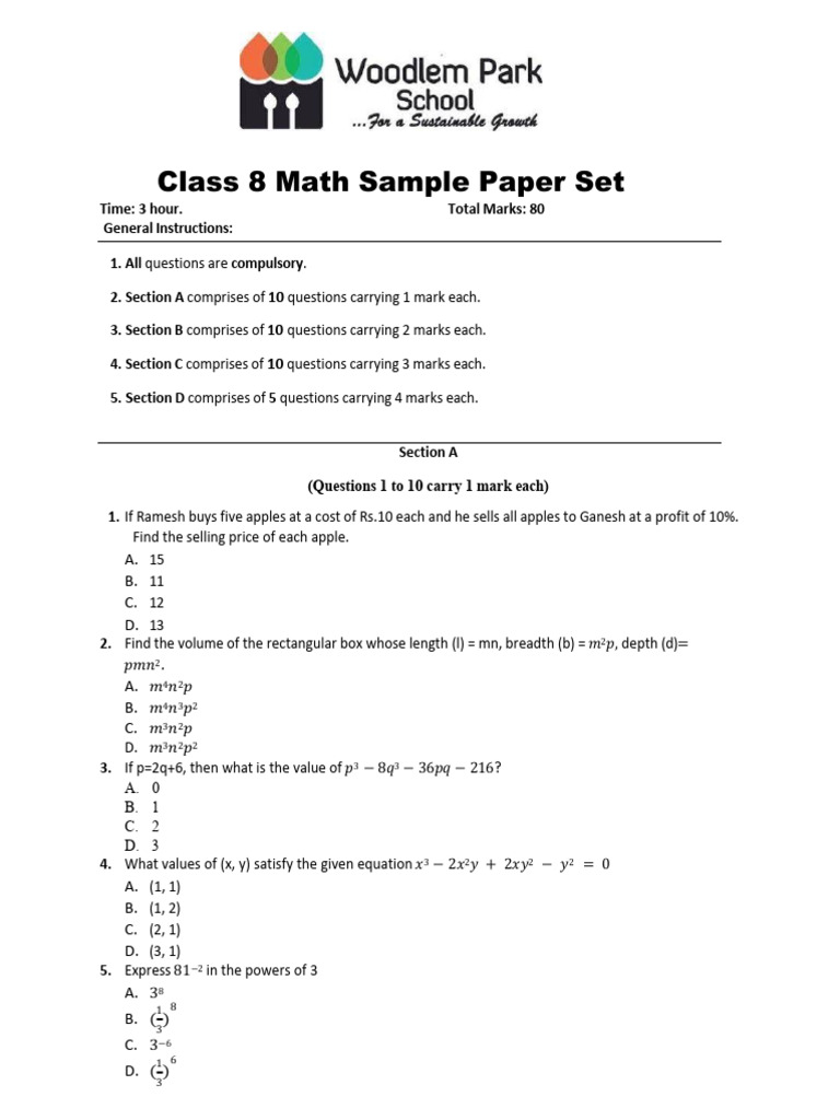 Class 8 Maths Sample Paper Set 1 | PDF | Interest | Area