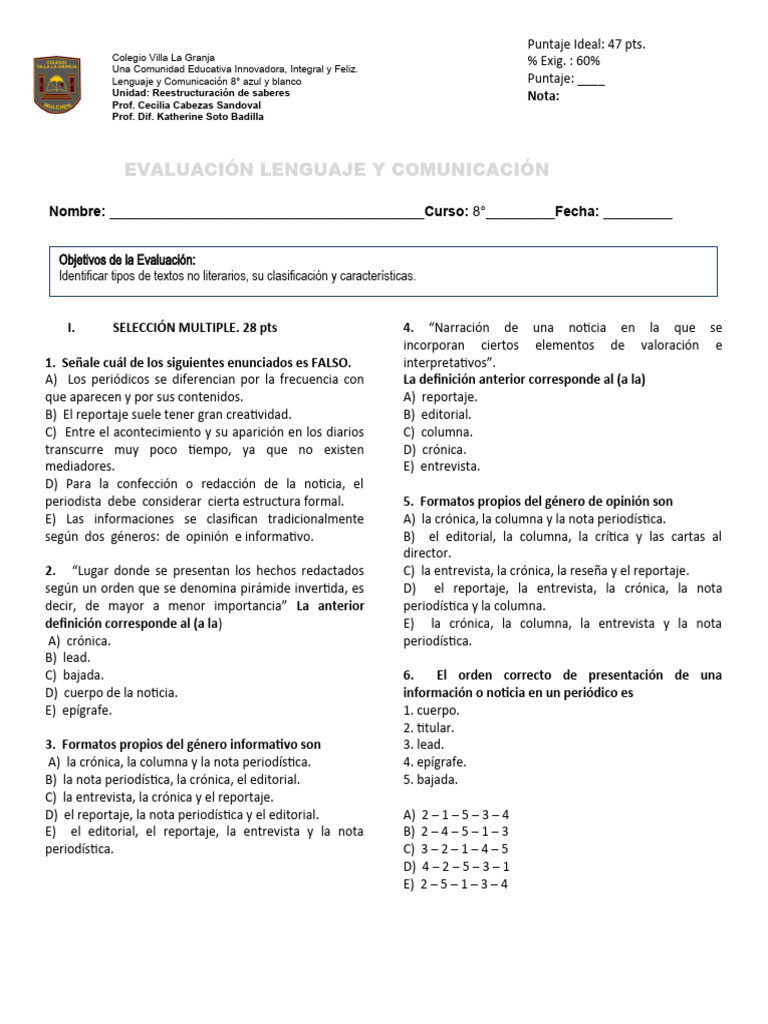 EVALUACIÓN TIPOS DE TEXTOS 8 | PDF