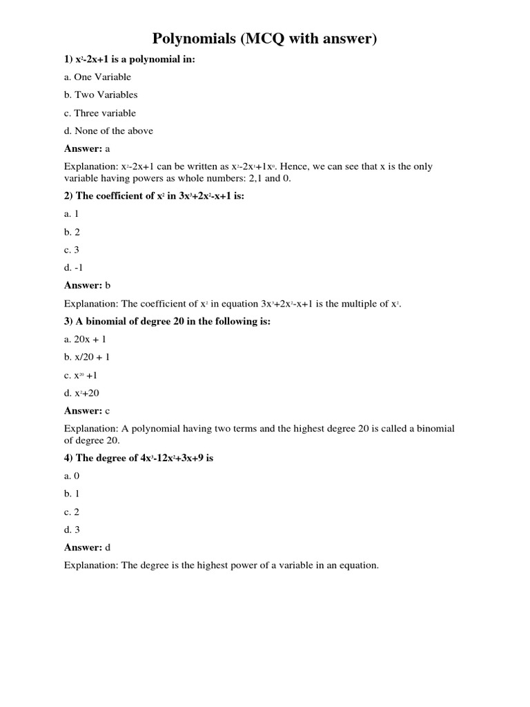 Polynomials MCQ With Answer | PDF
