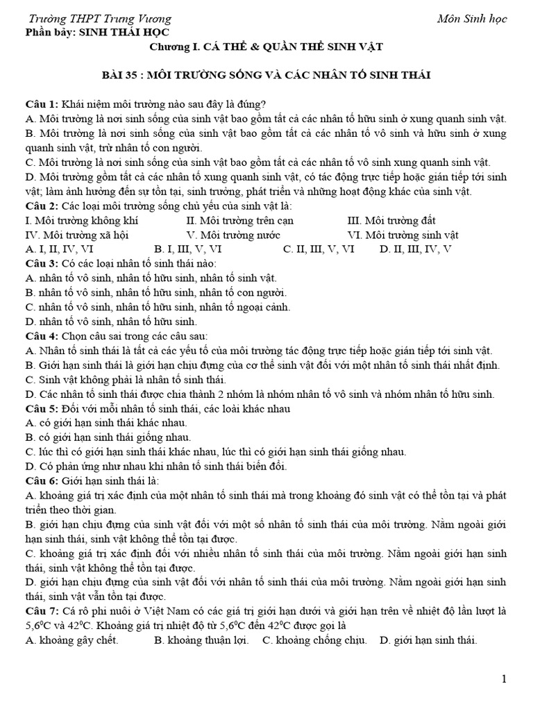 Đề cương ôn thi cuối HKII Sinh học 12 (lần 1) | PDF