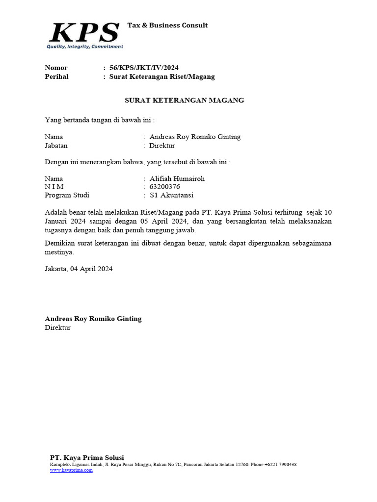 Contoh Surat Keterangan Selesai PKL atau Riset | PDF