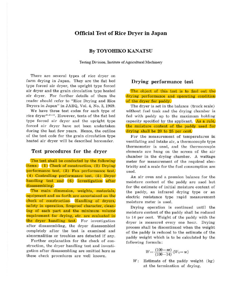 Rice Dryer Testing Procedures in Japan | PDF | Clothes Dryer | Rice