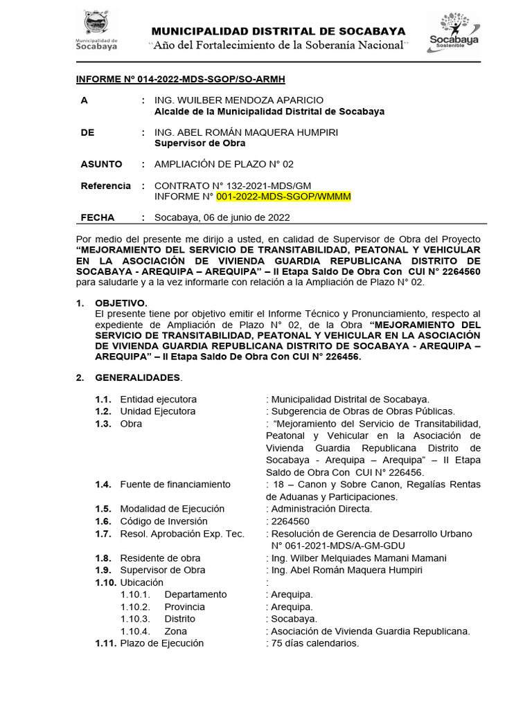 Informe #14 - Ampliacion de Plazo 02 | PDF | Tecnología e ingeniería