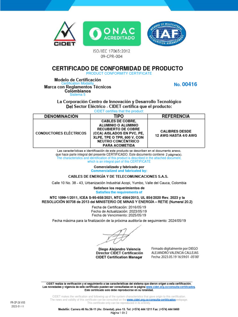 Certificado 00416 - Cables de Acometida - Icea S-95 - Ul 854 | PDF ...