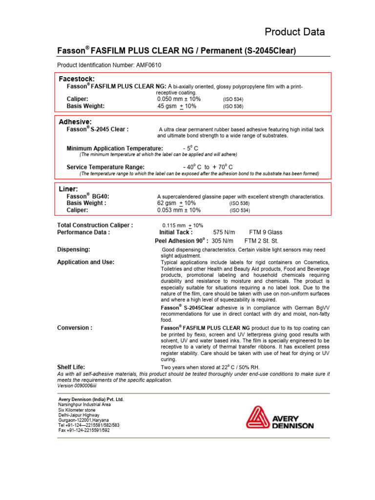 AMF0610 Fasfilm Plus Clear NG Permanent S2045 BG40 | PDF | Adhesive ...