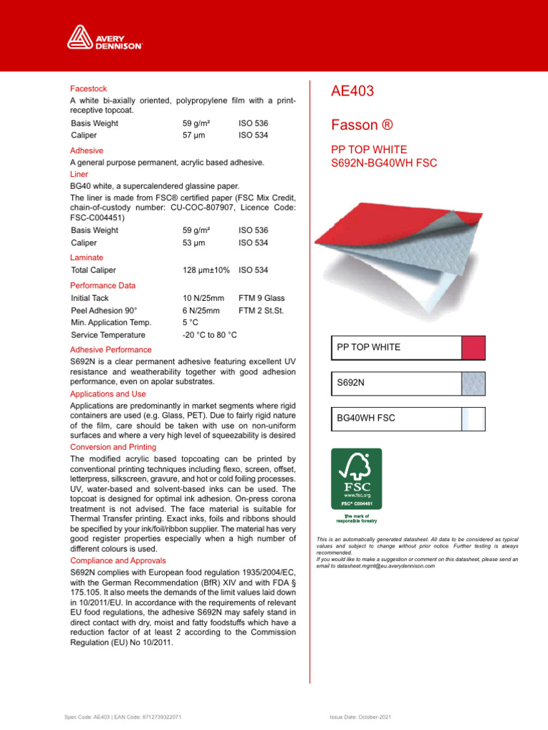 Ae403 PP Top White S692N-BG40WH FSC - en | PDF | Adhesive | Shelf Life