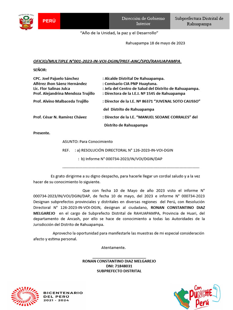 Oficio N 001 Suprefectura de Conocimiento | PDF | Perú