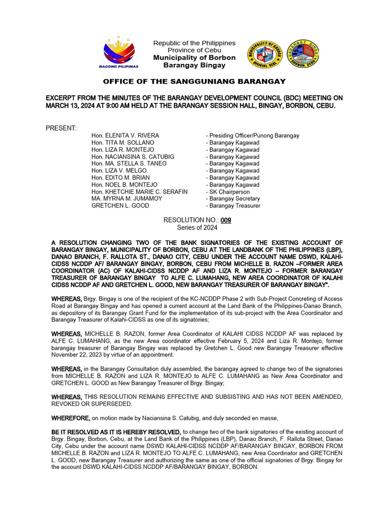2024 - 009 - KALAHI Bingay-RESOLUTION CHANGE Signatories Final | PDF ...