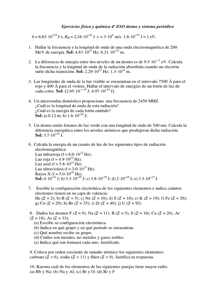 Ejercicios Quimica | PDF | Radiación electromagnética | Ion
